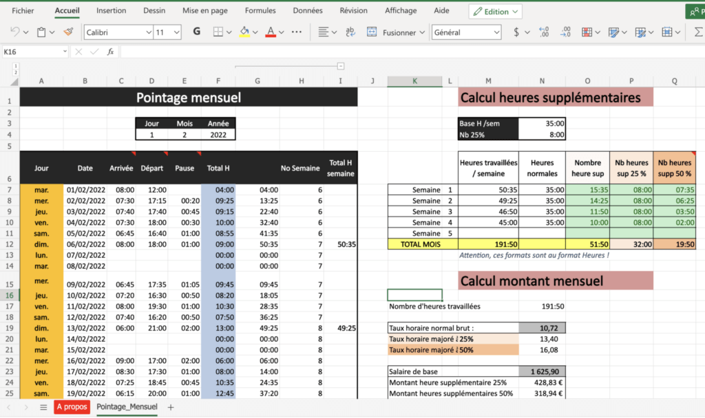 Tableau Excel calcul d'heures supplémentaire de travail gratuit