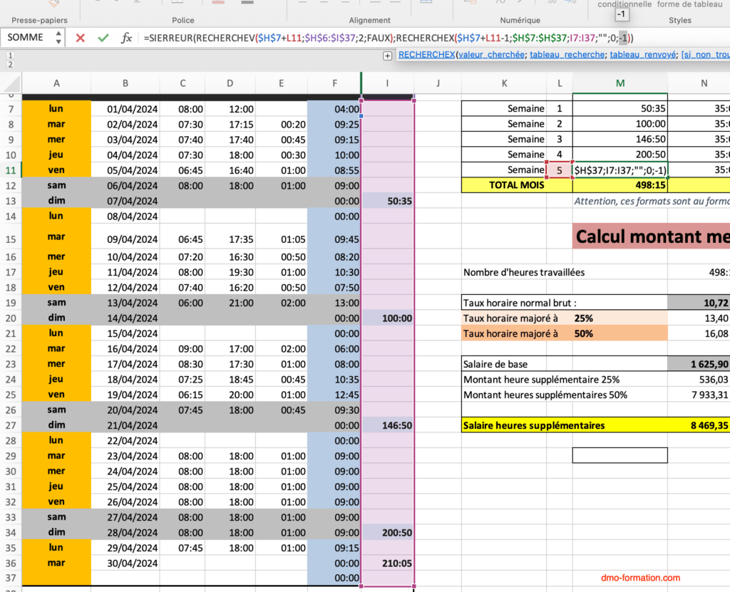 Modèle de planning Excel de calcul d'heures de travail gratuit