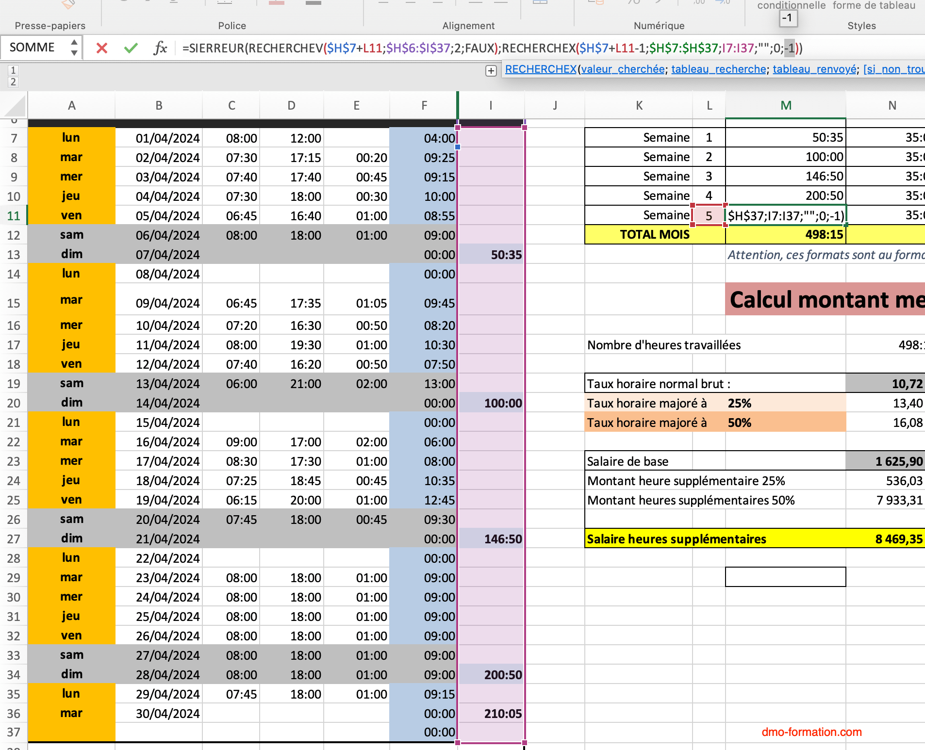 Modèle de planning Excel de calcul d'heures de travail gratuit